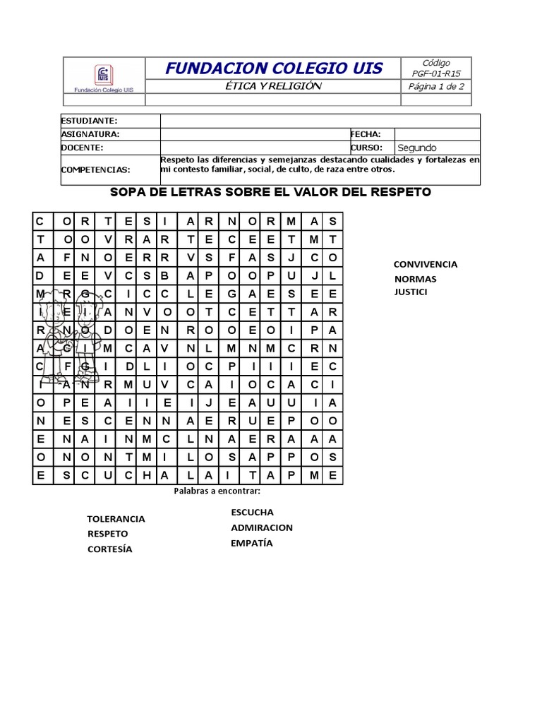 Sopa de Letras de Valor Del Respeto | PDF