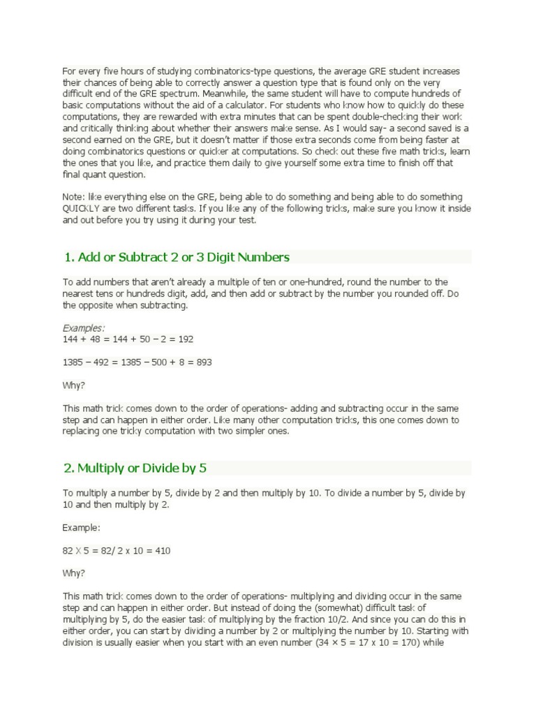 5 Math Tricks to Save Time on GRE Computations Under 40 Characters | PDF | Multiplication | Numbers