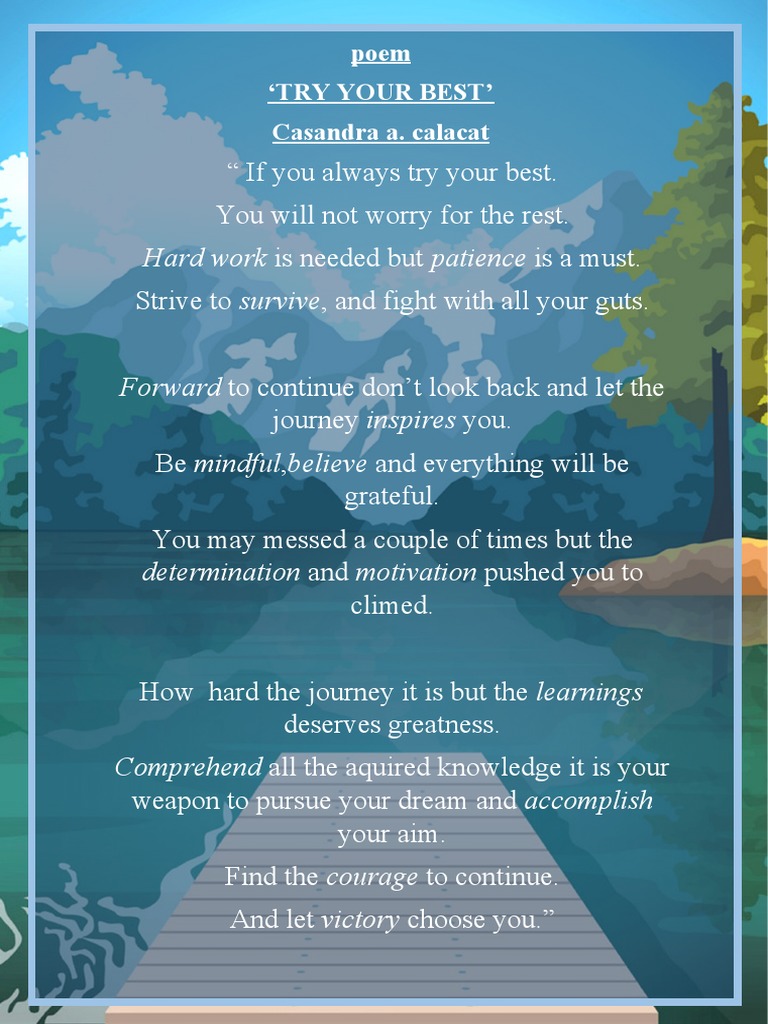 Try Your Best: A Poem About Perseverance, Hard Work, and Never Giving Up on Your Dreams | PDF