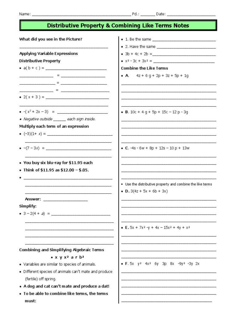 Distributive Property and Combining Like Terms Notes Sheet | PDF ...