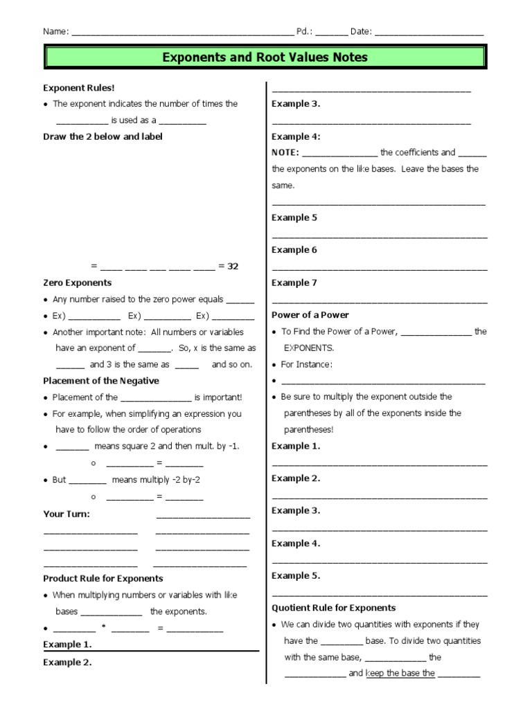 Exponents and Root Values Notes Sheet | PDF | Exponentiation | Square Root