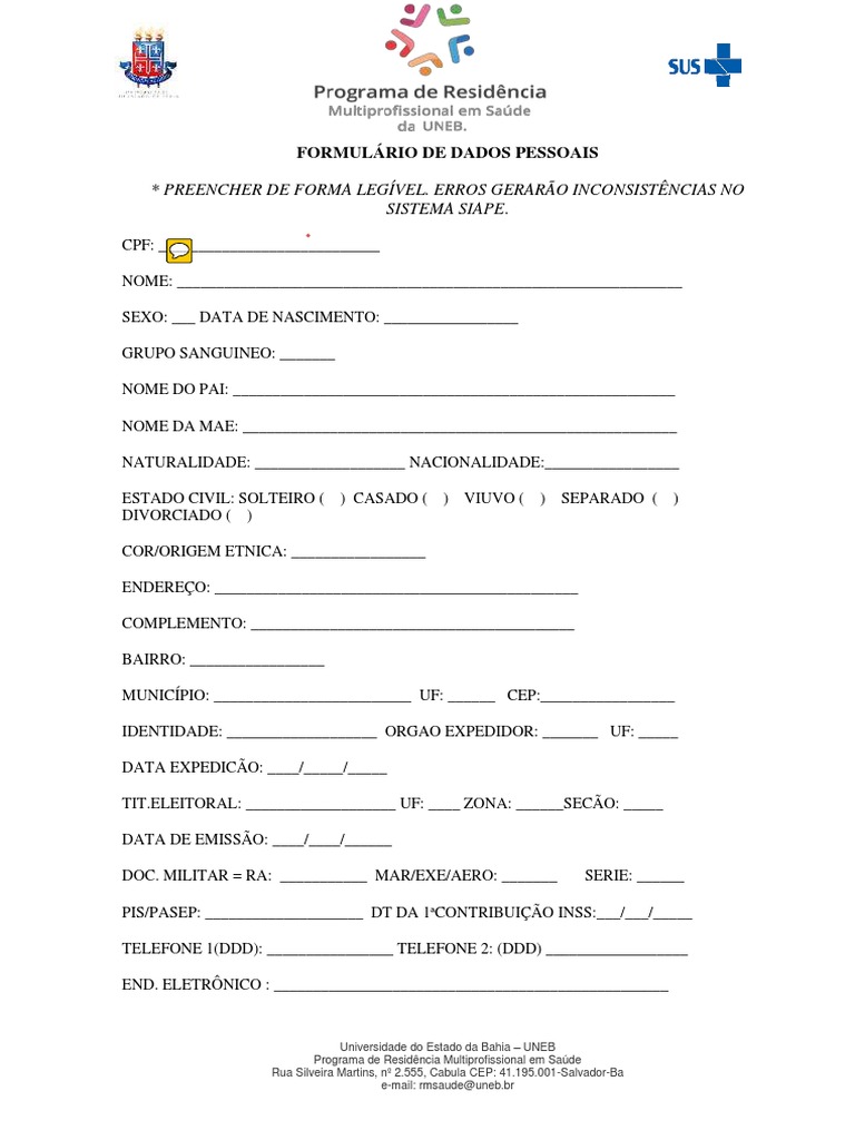 FORMULARIO DE DADOS PESSOAIS.pdf | PDF | Ensino Superior | Academia