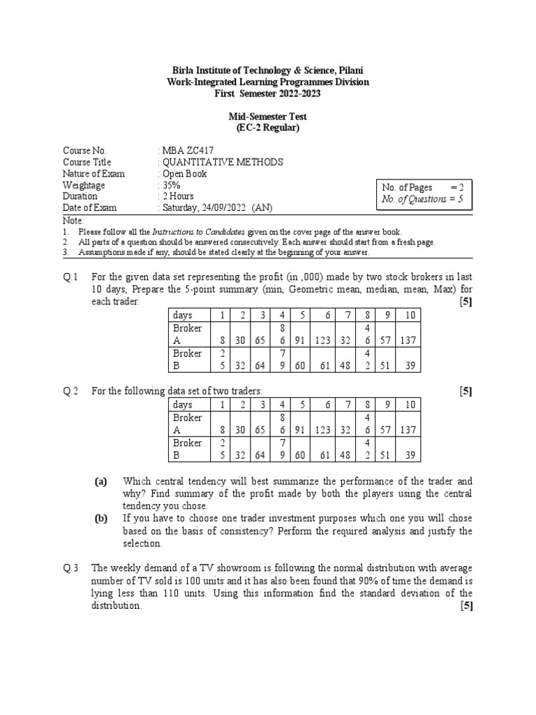 Mba ZC417 Ec-2r First Sem 2022-2023 Revised Paper | PDF | Probability Distribution | Probability
