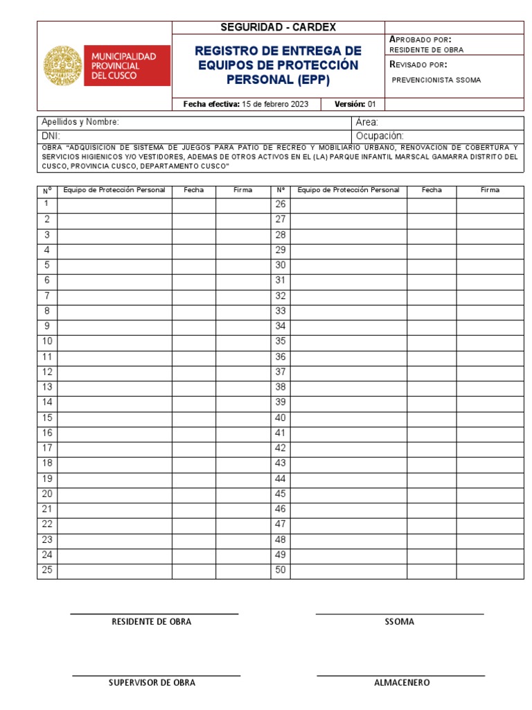 Cardex de Epp - Obra Parque Mariscal Gamarra | PDF