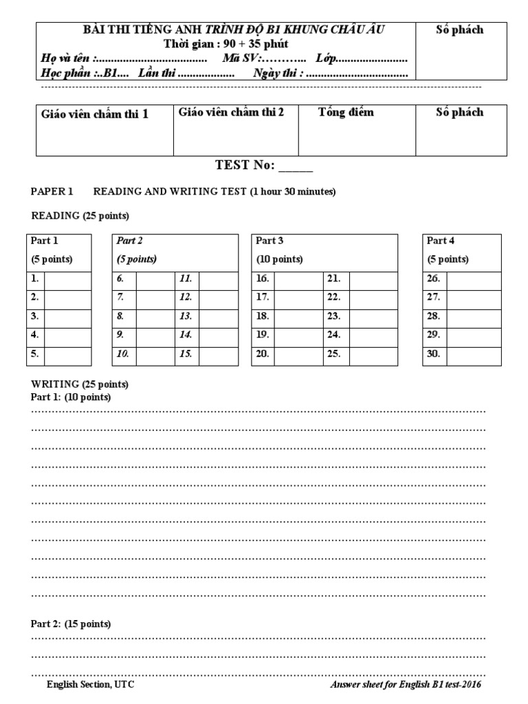 B1 English Test Answer Sheet 2016 | PDF