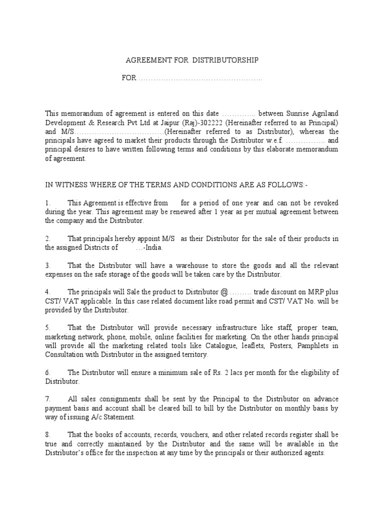 Agreement Format For Distributor | PDF | Taxes | Economies
