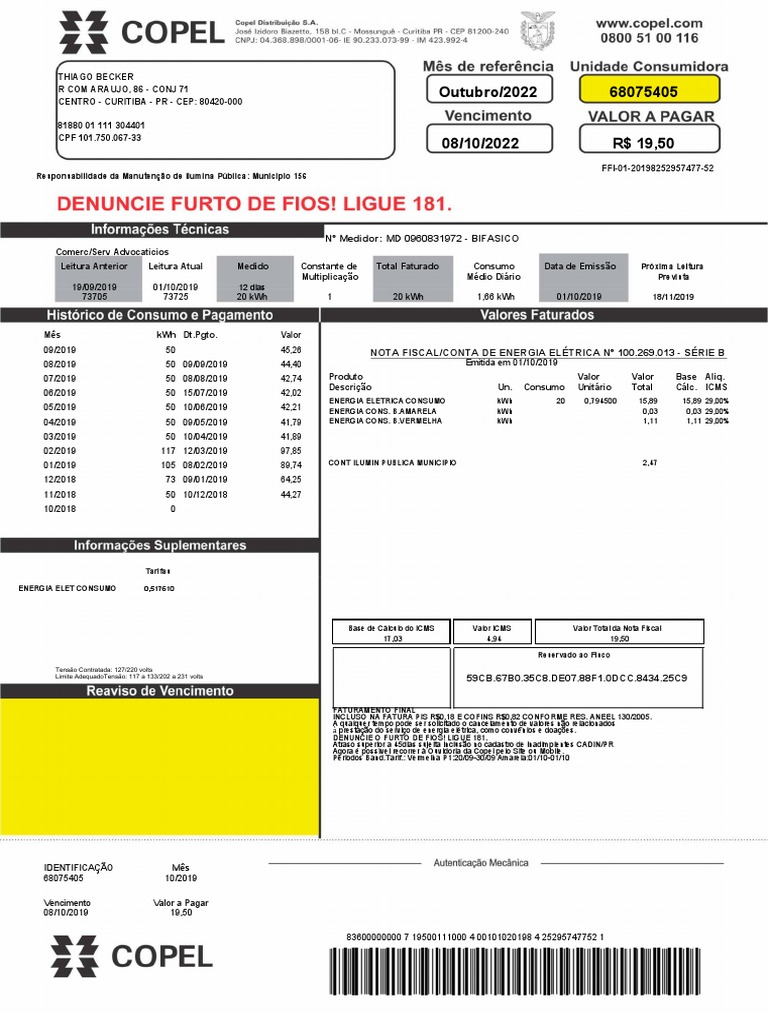Conta - Copel Proporcional Curitibs | PDF | Eletromagnetismo | Natureza