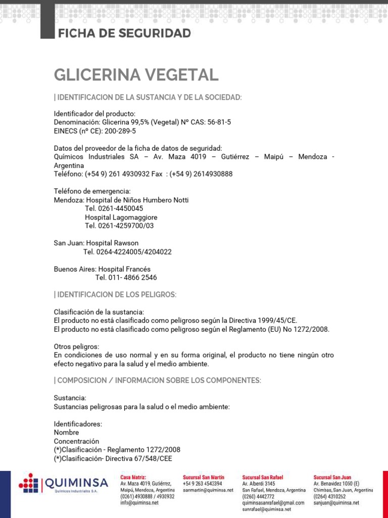 Glicerina Vegetal Ficha de Seguridad1 | PDF | Agua | Toxicidad