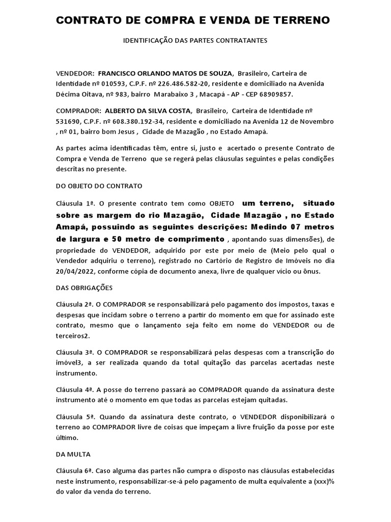Contrato de Compra de Terreno em Mazagão | PDF