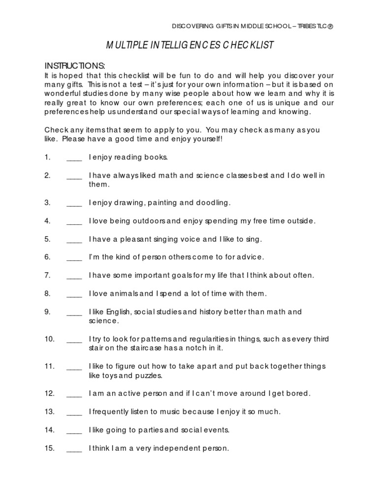 Multiple Intelligences Checklist | PDF | Singing
