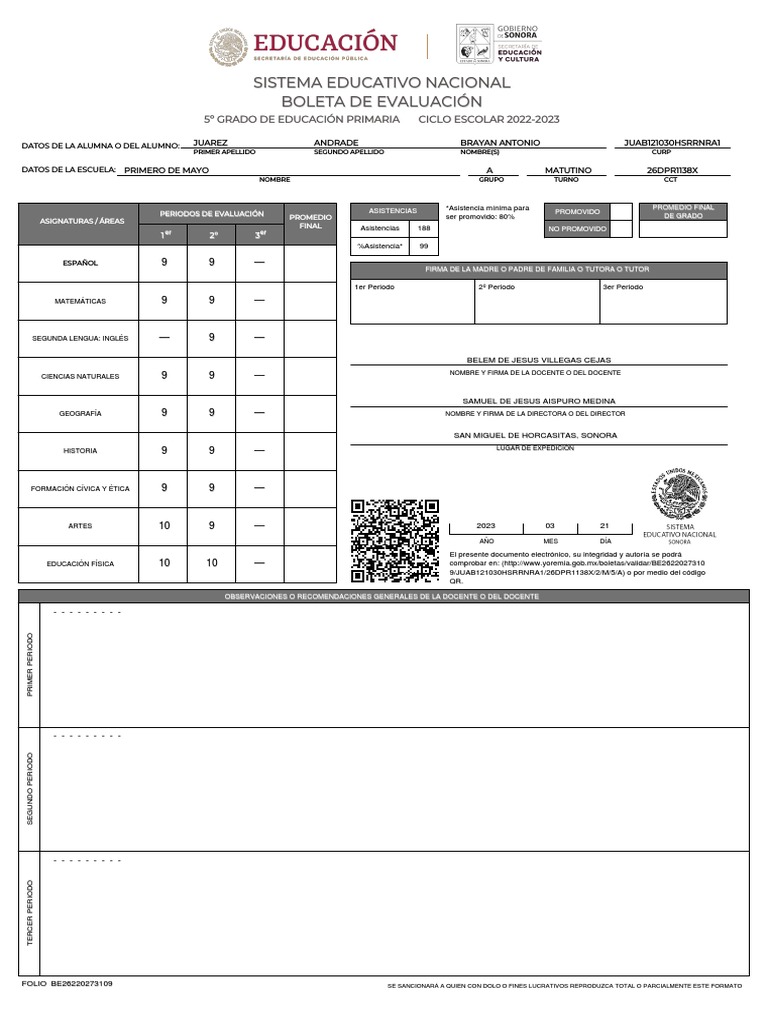 Boleta 5º Grado Primaria 2022-2023 | PDF
