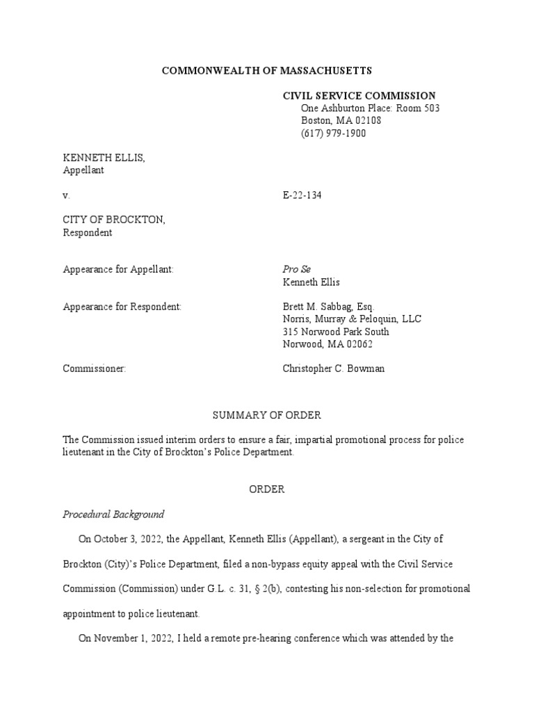 Summary of Civil Service Commission order to city of Brockton in ...