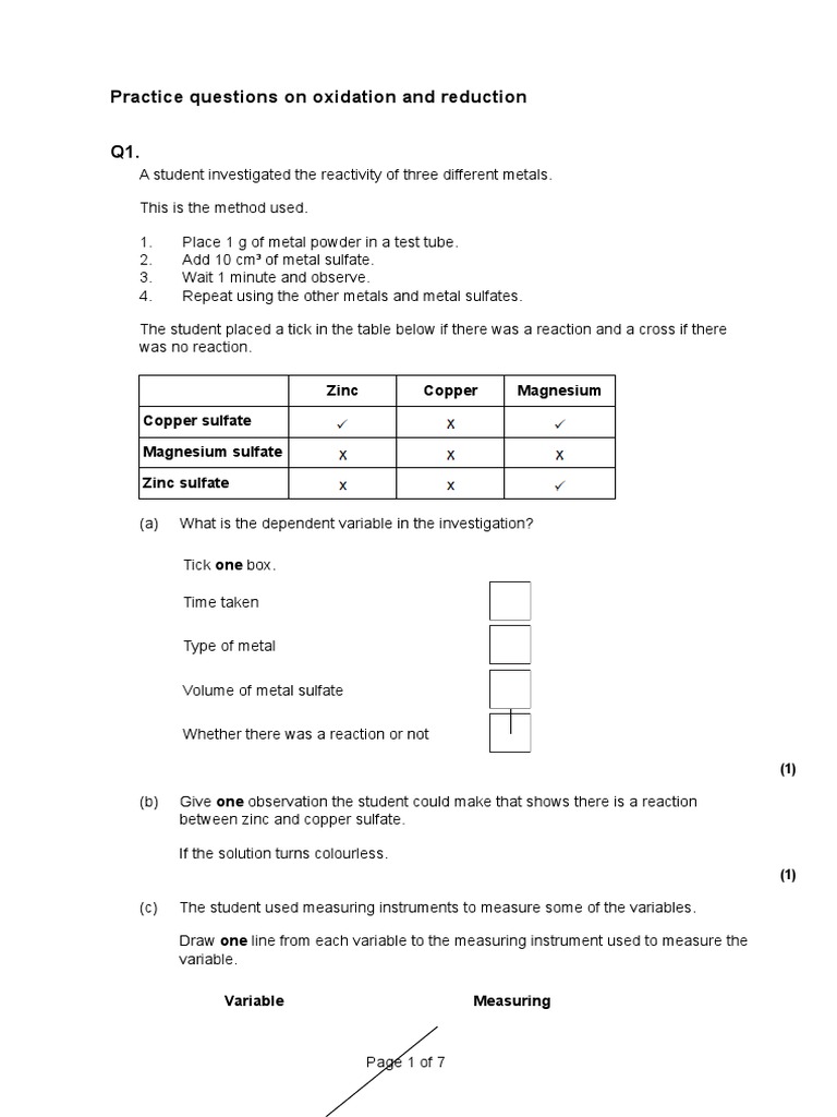 Practice Oxidation and Reduction | PDF | Redox | Metals