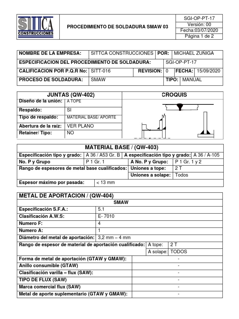 Sgi-Op-Pt-17 - Procedimiento Soldadura Smaw | PDF | Soldadura | Construcción