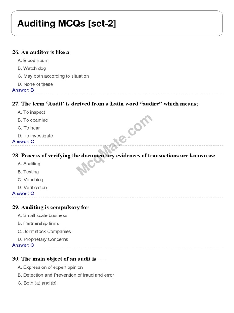 Auditing Solved MCQs (Set-2) PDF | PDF | Financial Audit | Audit Auditing Solved MCQs (Set-2) PDF | PDF | Financial Audit | Audit