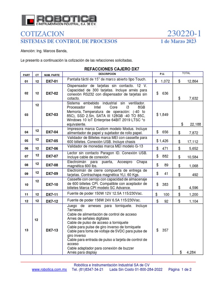 Cotización Refacciones VCM01 | PDF | Tecnología de información y ...