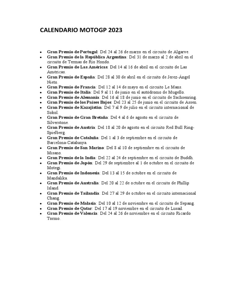 Calendario MotoGP 2023 Completo | PDF | Negocios | Tecnología