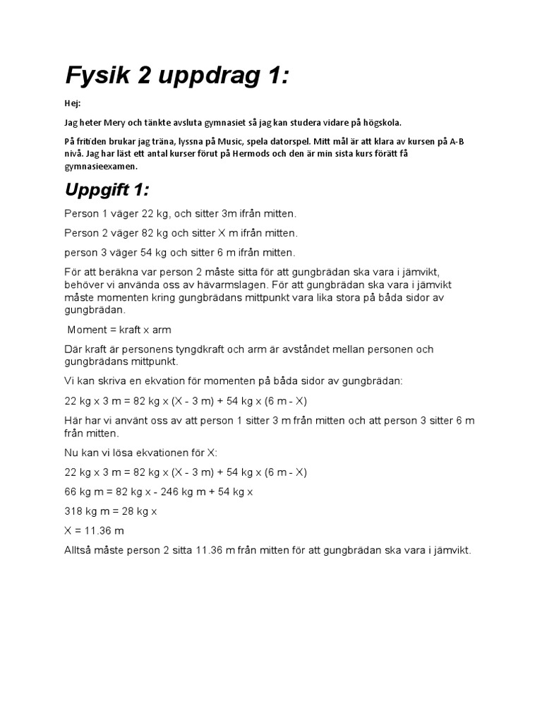 Fysik 2 Uppdrag 1 | PDF