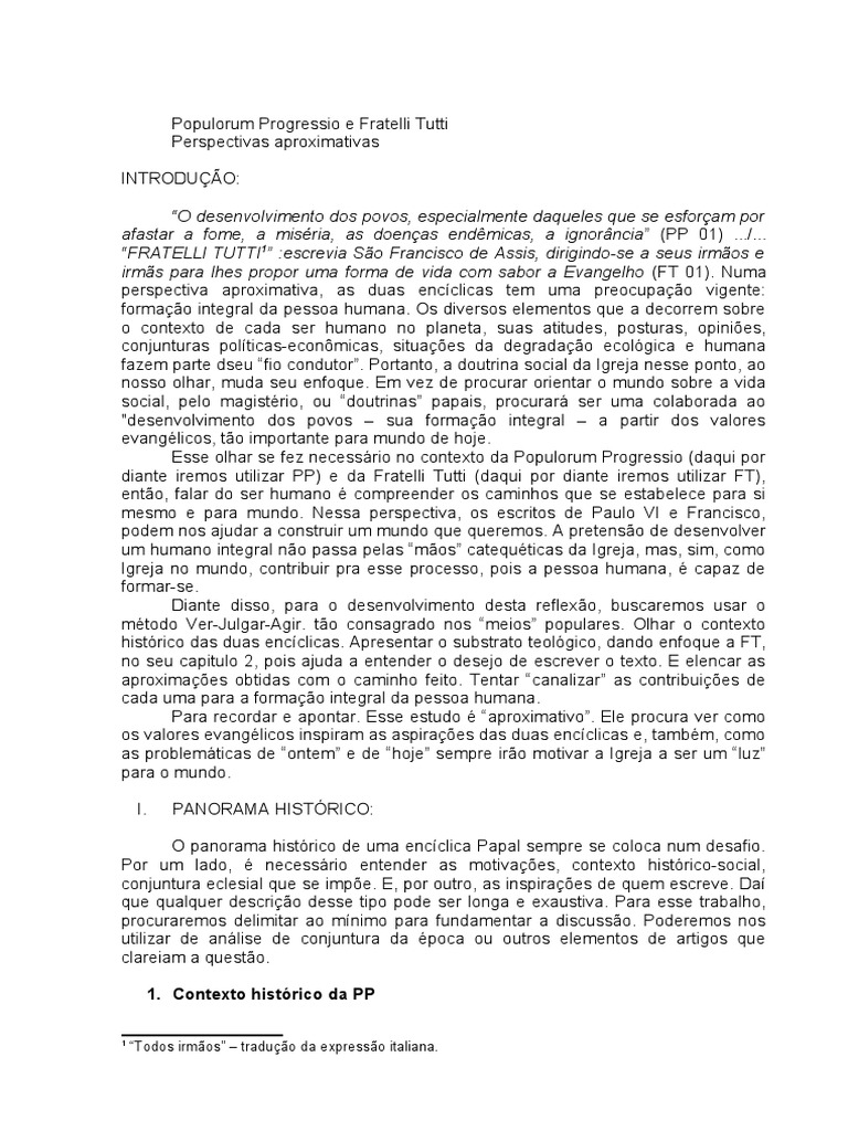 Populorum Progressio e Fratelli Tutti - Trabalho Final | PDF | Igreja católica | Amor