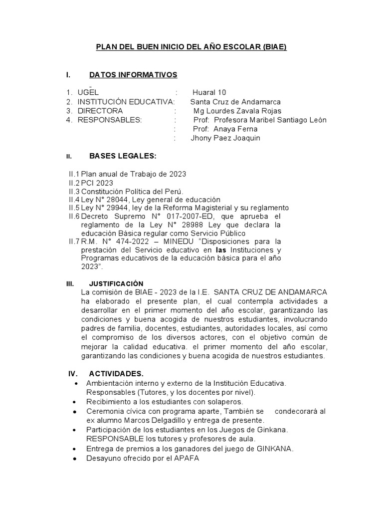 Plan Del Buen Inicio Del Año Escolar Biae | PDF | Maestros