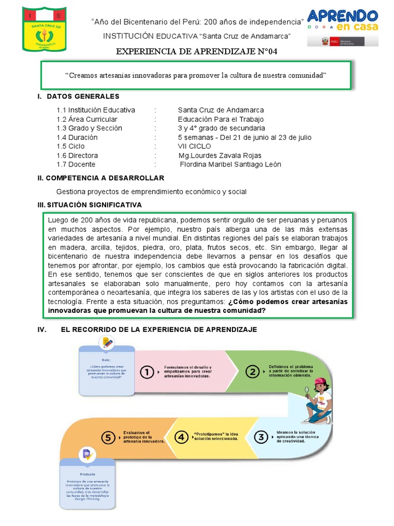 EXPERIENCIA DE APRENDIZAJE IV - EPT 3° y 4° Grado | PDF | Iniciativa empresarial | Aprendizaje