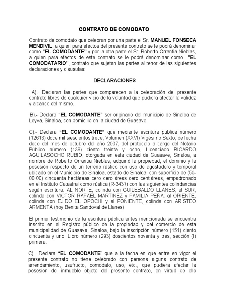CONTRATO DE COMODATO Ejemplo | Descargar gratis PDF | Ley de obligaciones | Derecho civil ...