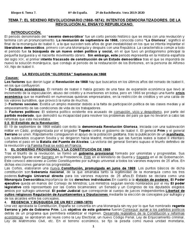 Tema 11. El Sexenio Democrático o Revolucionario | PDF | Política de españa | Gobierno de españa