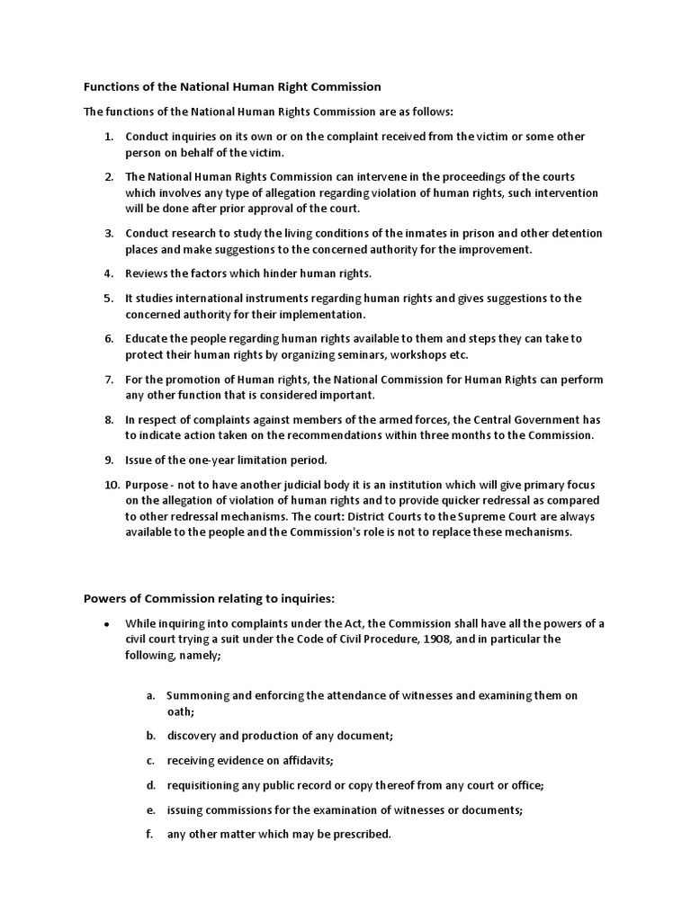 Functions of The National Human Right Commission | PDF | Human Rights ...