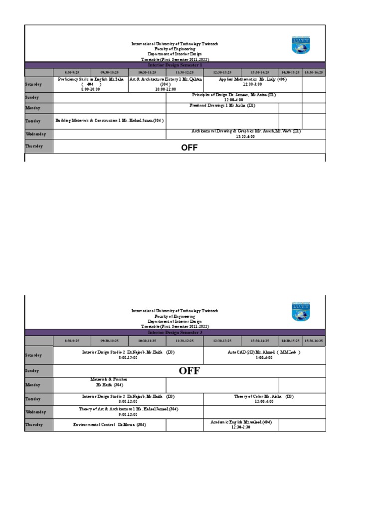 ID Timetable - 2021-2022 (1-1) | PDF | Aesthetics | Engineering