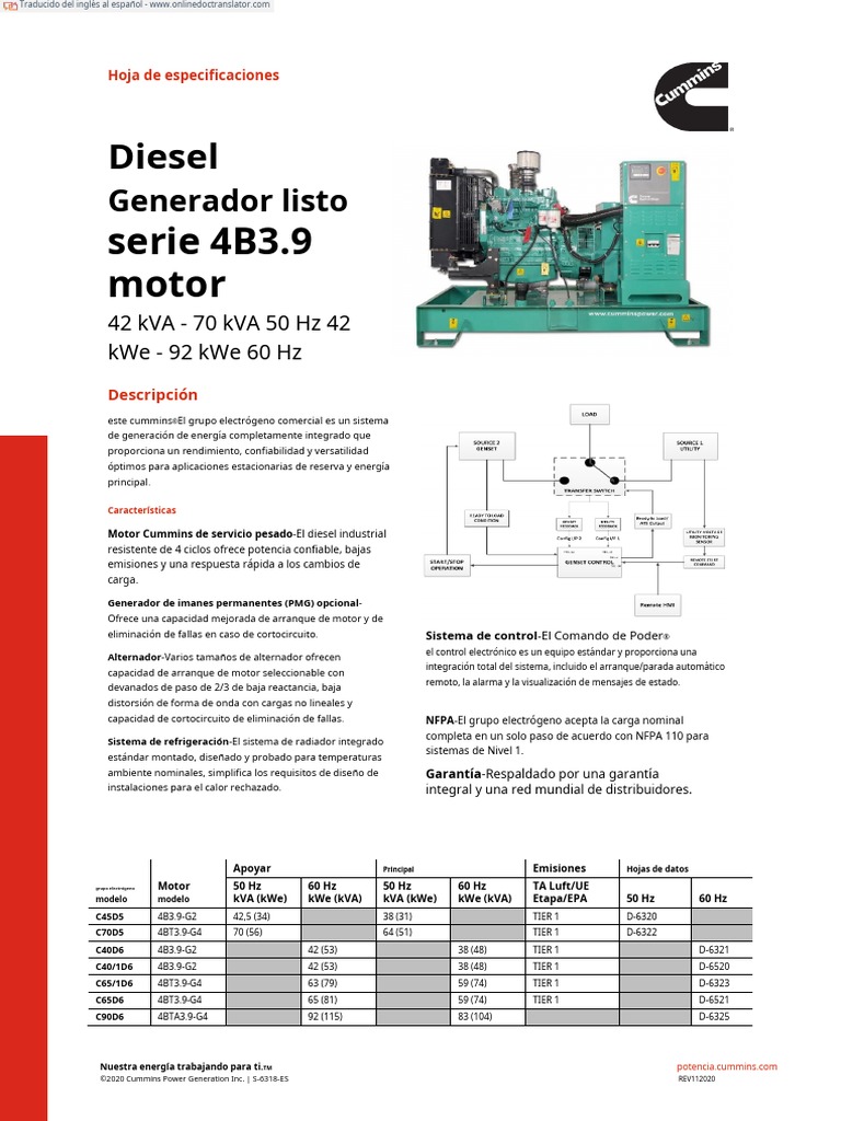 Serie 4B3.9 Motor: Diesel | PDF | Ingenieria Eléctrica | Generador eléctrico