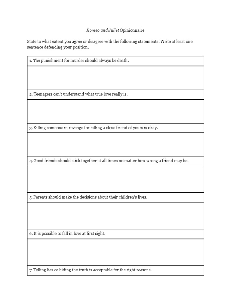 Romeo and Juliet Opinionnaire | PDF