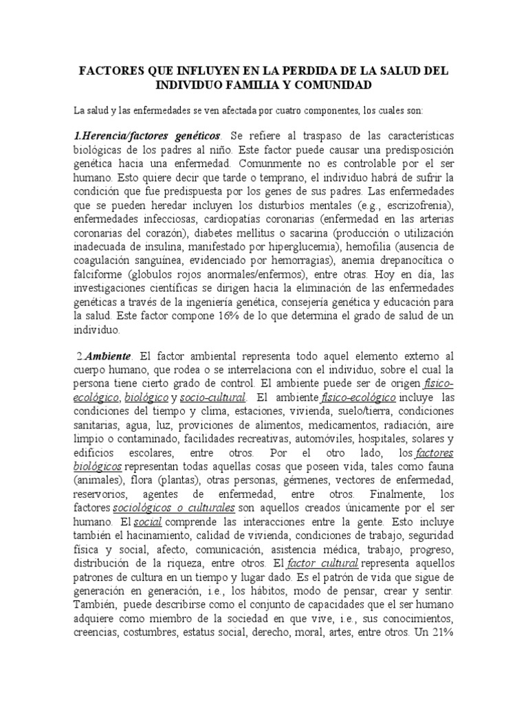 Factores Que Influyen en La Perdida de La Salud Del Individuo Familia y ...