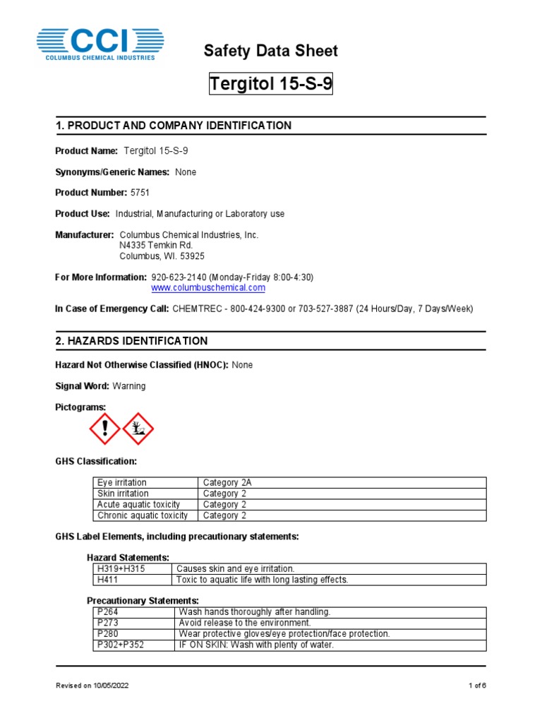 Tergitol 15-S-9 Safety Data Sheet | PDF | Dangerous Goods | Toxicity