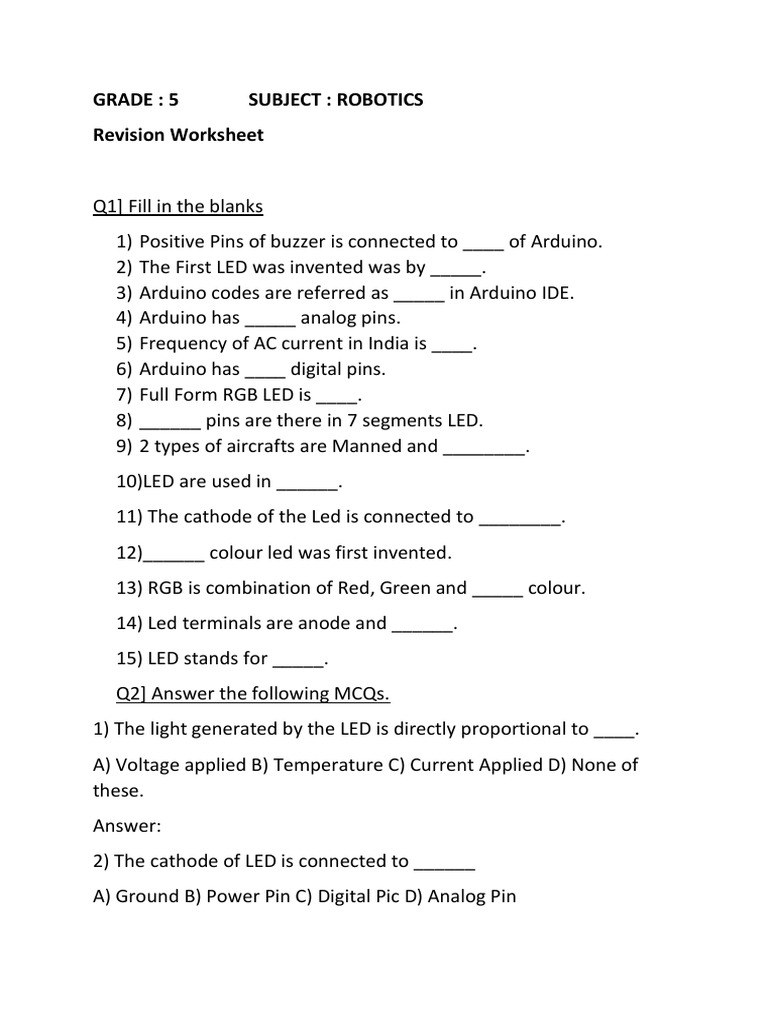GRADE 5 Revision Worksheet | PDF | Light Emitting Diode | Arduino