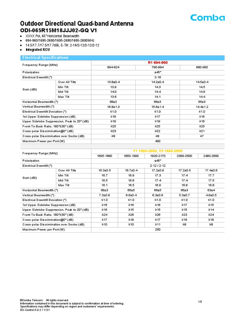 Odi-065r15m18jjj02-Gq V1 DS 3-0-2 - 0 | PDF | Antenna (Radio) | Decibel