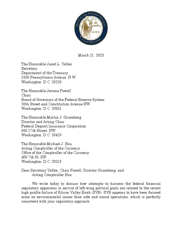 2023-03-21 Letter To Treasury Fed Reserve OCC FDIC Re SVB | PDF | Banks ...
