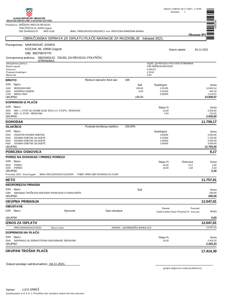 OBRAČUNSKA ISPRAVA ZA ISPLATU PLAĆE-NAKNADE ZA RAZDOBLJE - Listopad 2021 2 PDF | PDF