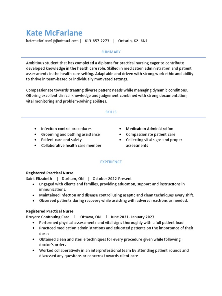 Kate Mcfarlane Resume 2023rpn | PDF | Nursing | Patient