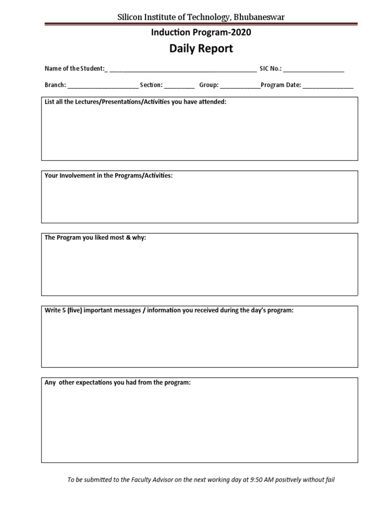 Induction Program - Daily Report Format Revised 2020 | PDF