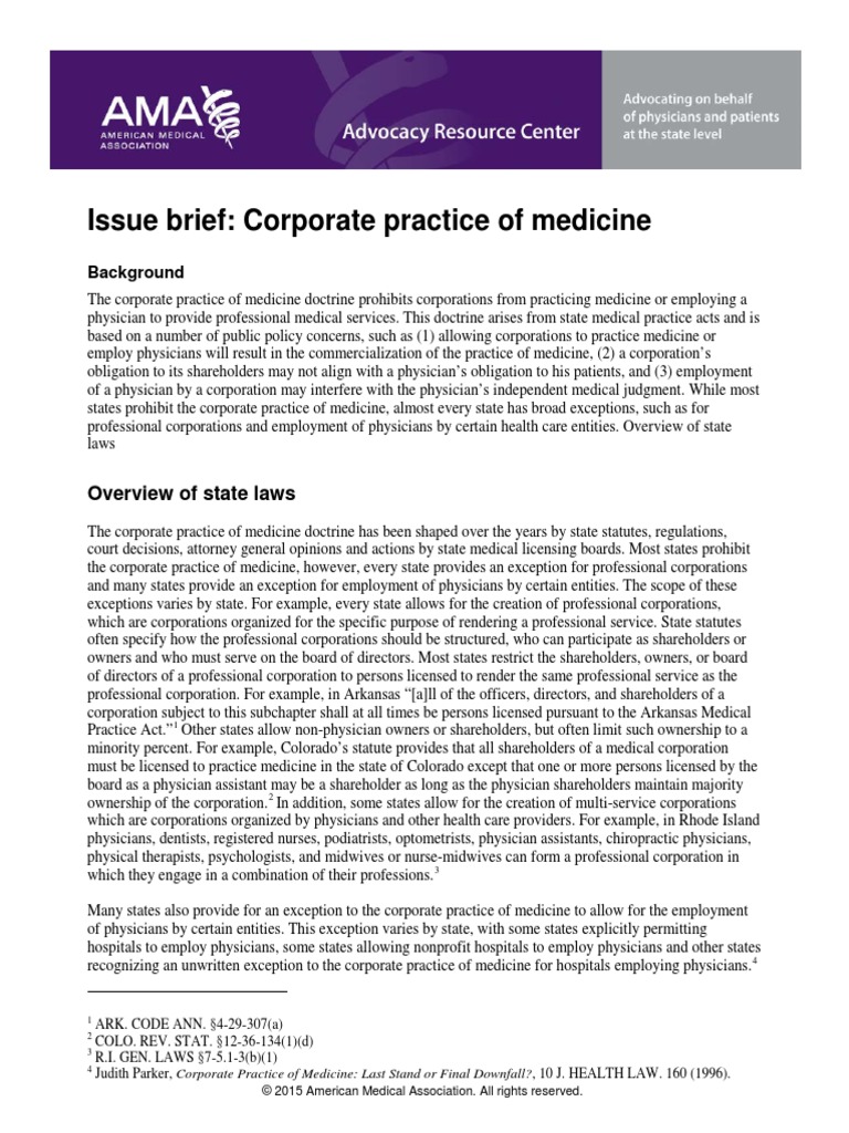 Corporate Practice of Medicine Issue Brief - 1 | PDF | Physician | Medicine