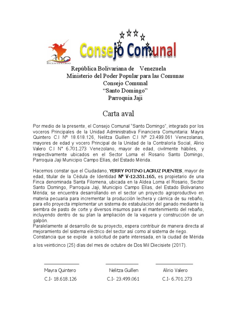 Carta Aval Consejo Comunal 2 | PDF | Ciencias sociales