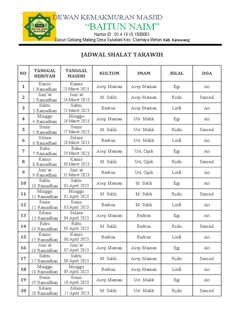 Contoh Format JADWAL TARAWIH 2023 | PDF