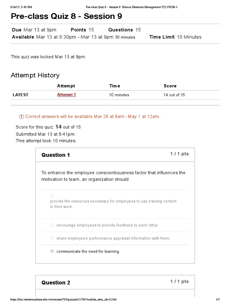 Pre Class Quiz 8 Session 9 - Human Resource Management T123WSB 3 | PDF ...