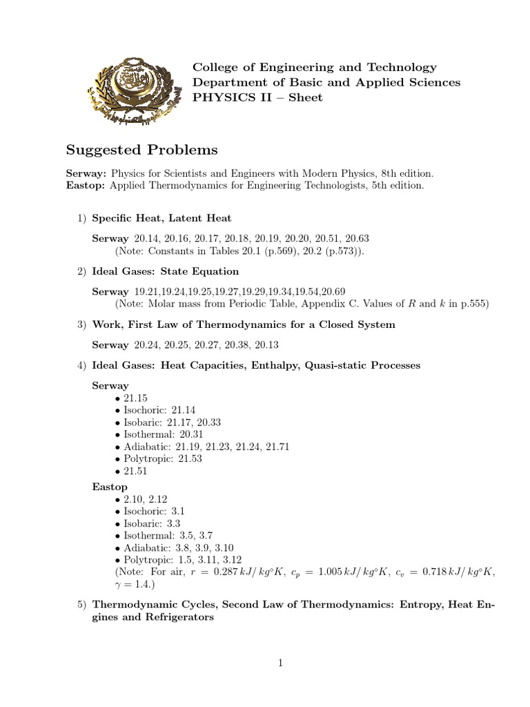 Physics II: Thermodynamics Problems | PDF | Gases | Heat
