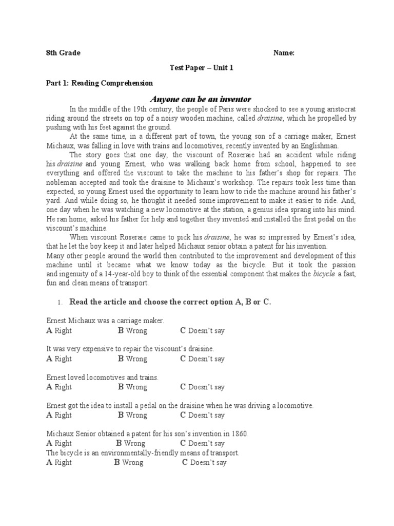 8th Grade Unit 1 - Test Paper | PDF | Invention | Linguistics