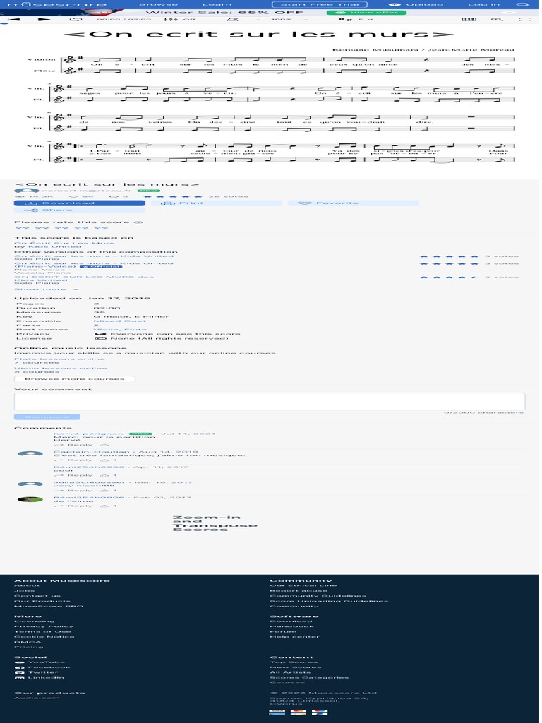 On Ecrit Sur Les Murs Sheet Music For Flute, Violin (Mixed Duet) | PDF ...