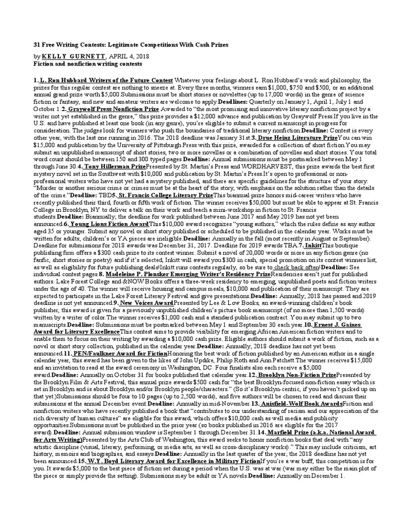 31 Free Writing Contests - Odt | PDF | Novella | Short Stories