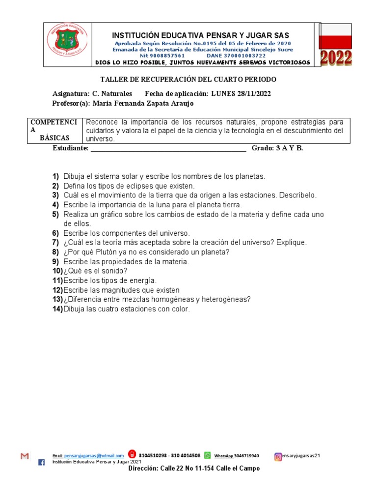 Taller de Recuperacion Cuarto Periodo Grado Tercero | PDF | Universo | Science