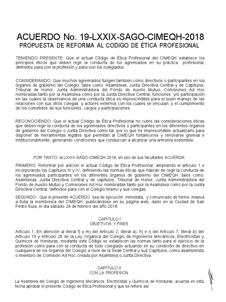 Acuerdo No. 19-Lxxix Sago Cimeqh 2018 Codigo de Tica | PDF | Debido al proceso | Ingeniería