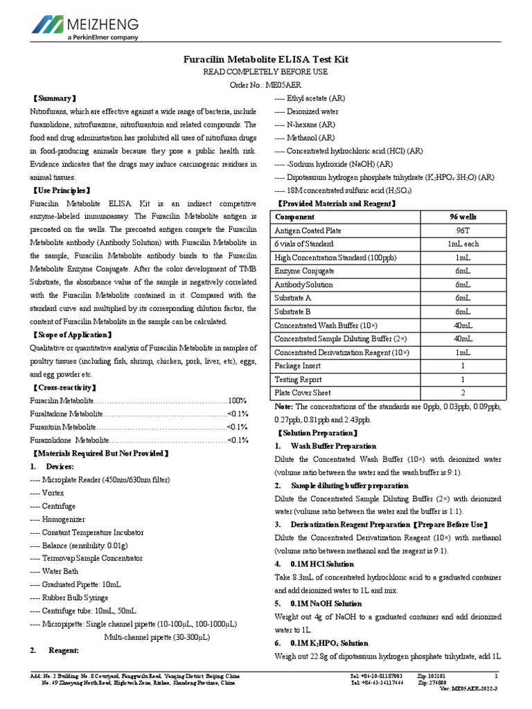 ME05AER, Furacilin Metabolite ELISA Test Kit, 2022-3 PDF | PDF | Elisa ...